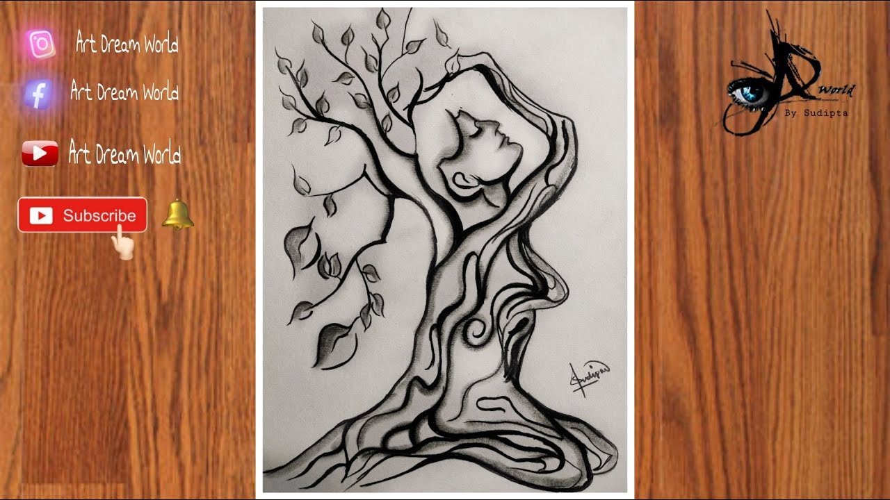 How to make a woman body inside a tree || a tree girl - pencil drawing ...