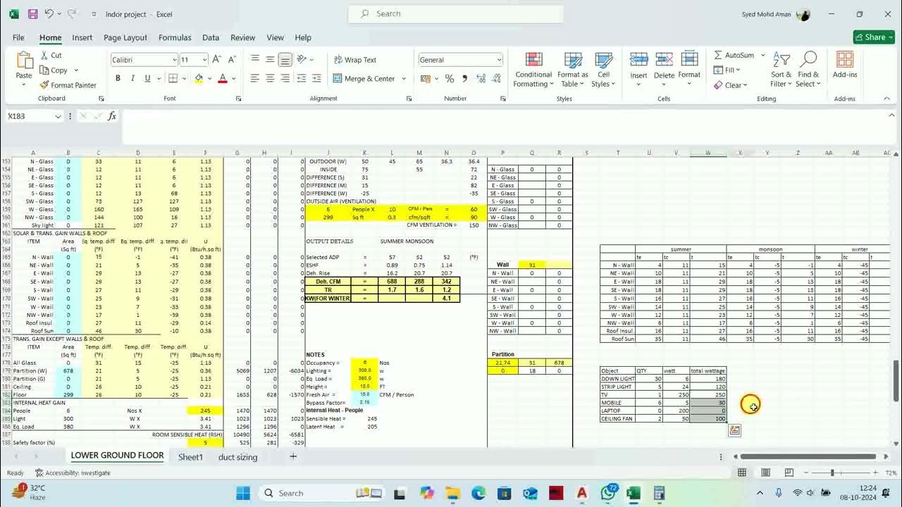 How to Calculate heat Load Using E20 Sheet In HVAC from Excell || Part -2 - YouTube