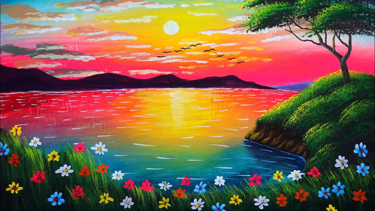 Spring time evening with flowers | nature drawing and painting - YouTube