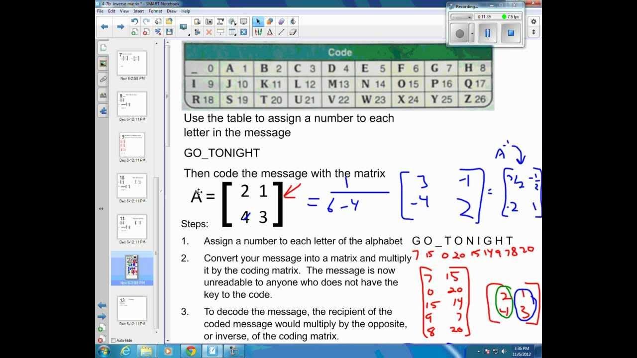 Algebra 2 4 7c encrypting messages with inverse matrices - YouTube