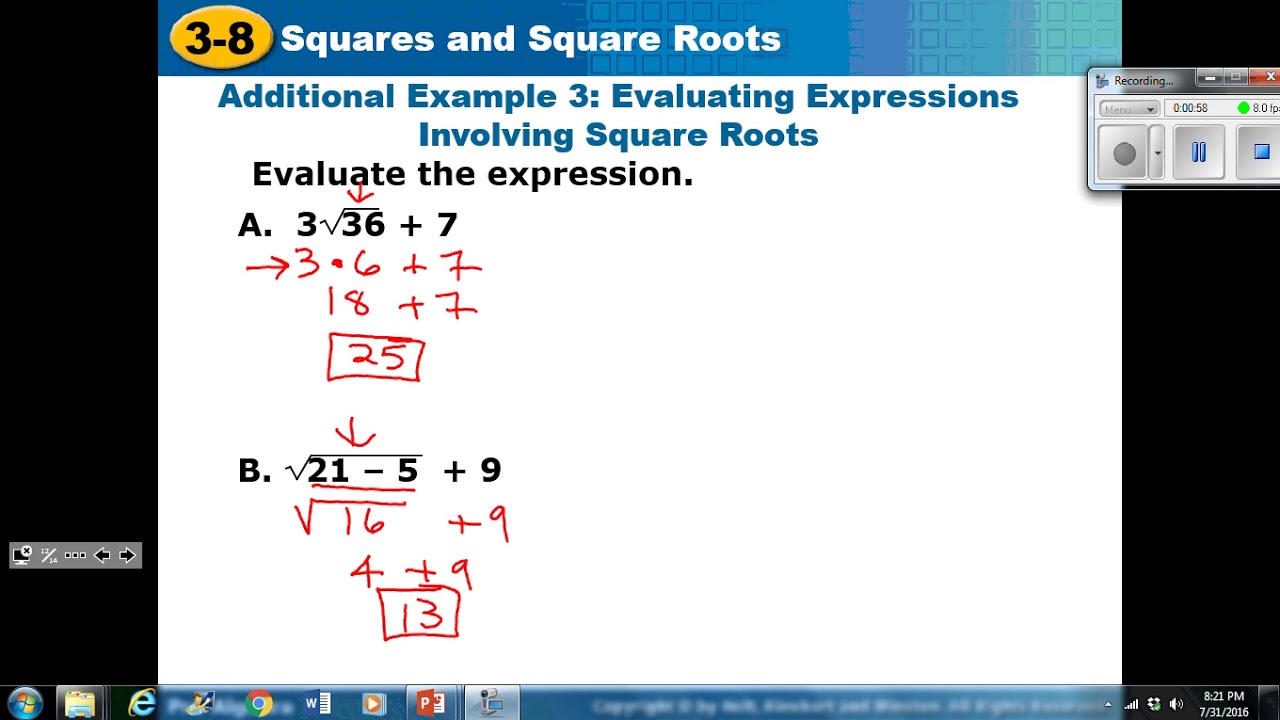 Pre-Algebra 3.8-Part 2-Squares and Square Roots - YouTube