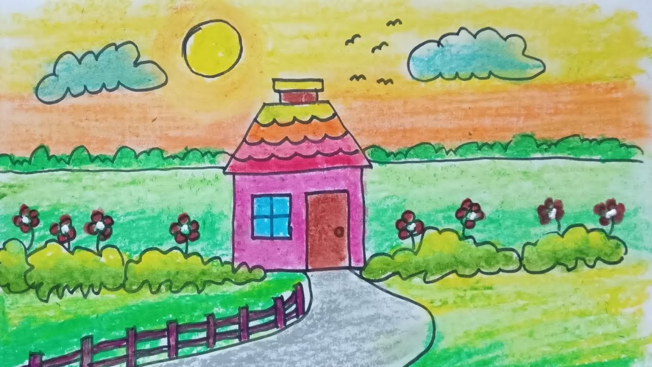 Very Easy House Scenery Drawing wiyh Oil Pastels| How to Draw Scenery ...