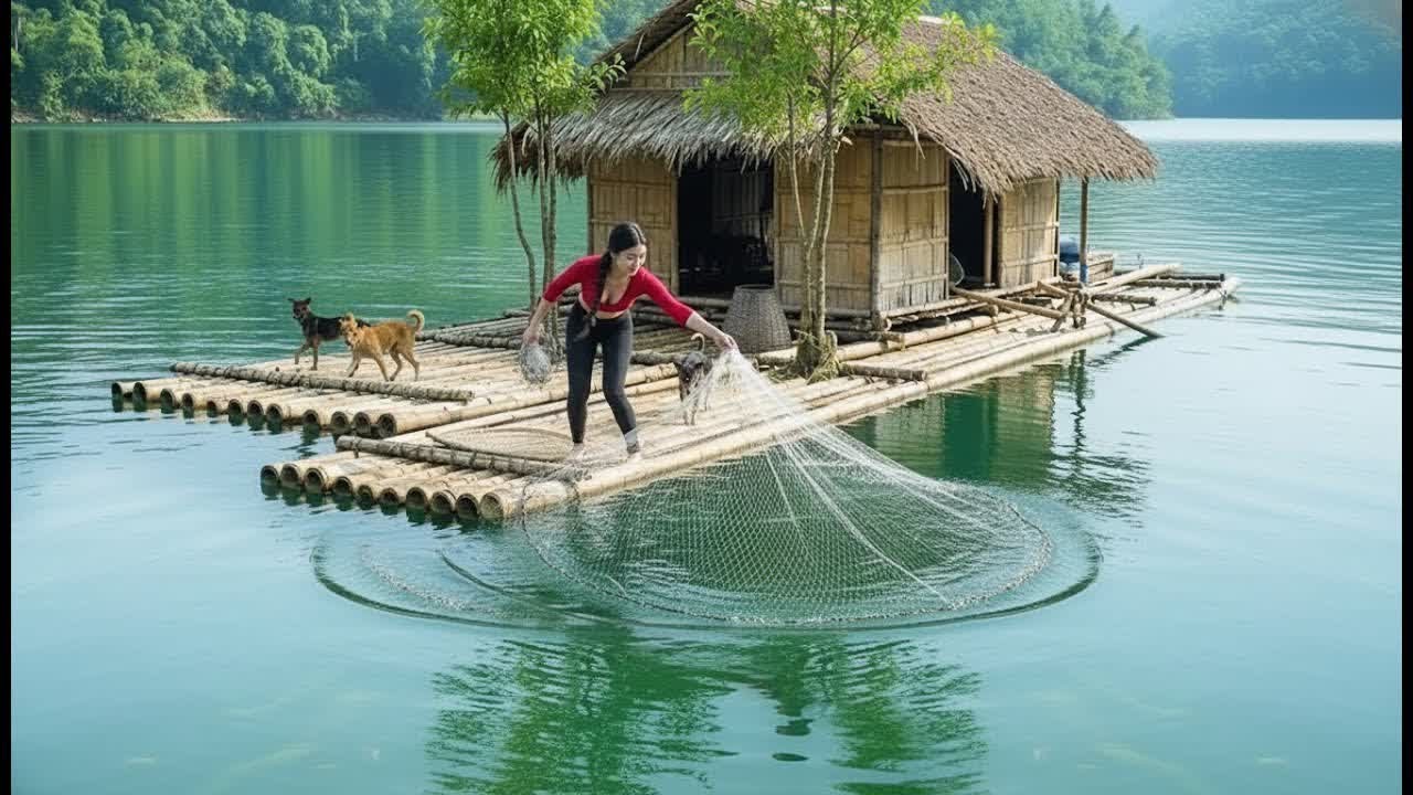 Building Raft with Bamboo and A Roof -- Fishing & Cooking by the Stream ...