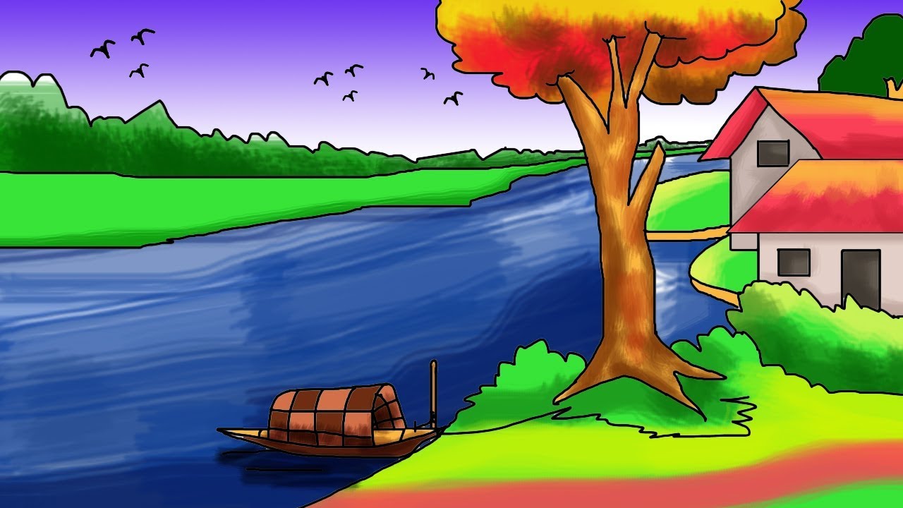 Easy For Kids | How to draw riverside village scenery | Riverside ...