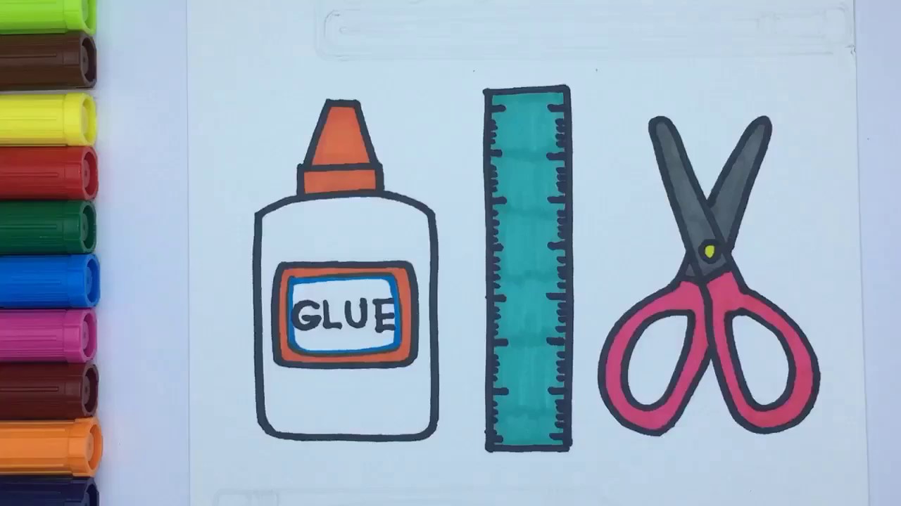 그리기 색칠하기 How to draw Glue. rule. scissors | coloringpage stationery ...