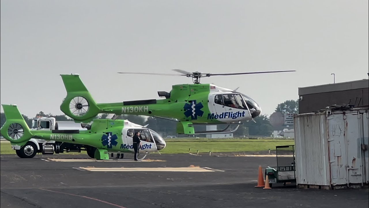 2 Airbus H130 MedFlight Helicopters Startup & Takeoff from MedFlight ...