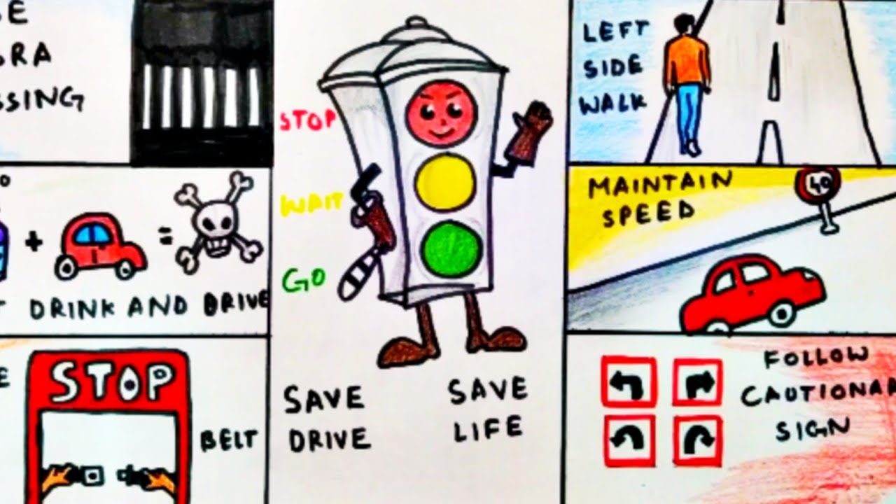 road safety drawing / road safety diagram drawing / road safety poster ...