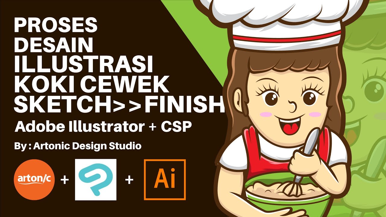 ARTONIC - PROSES DESAIN ILLUSTRASI LOGO KOKI CEWEK LUCU - AI + CSP ...