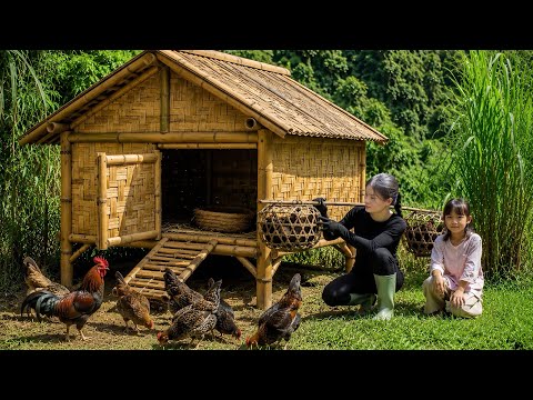 The young woman built a bamboo coop for her flock of chickens all by herself.
