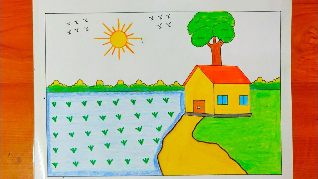 How to draw natural scenery | Paddy field drawing for beginners ...