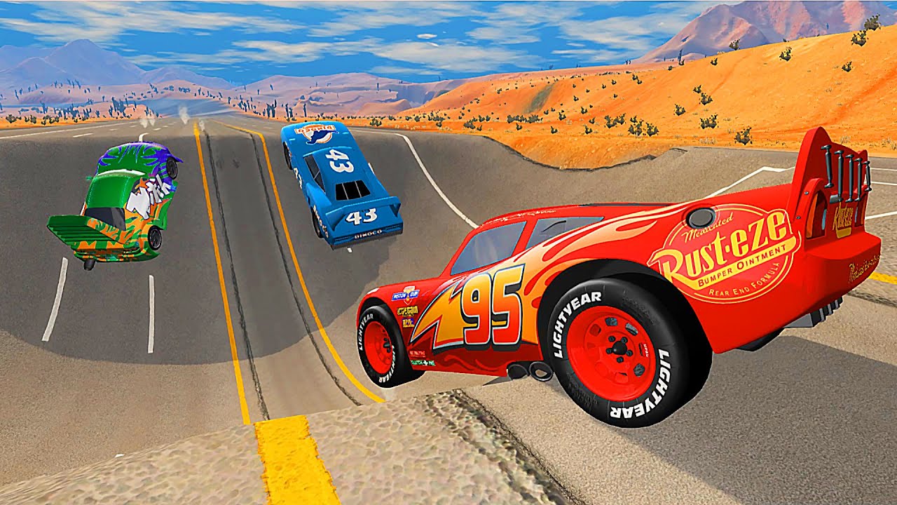 Disney Cars vs Giant Pit BeamNG Drive Lightning McQueen The King Boost ...