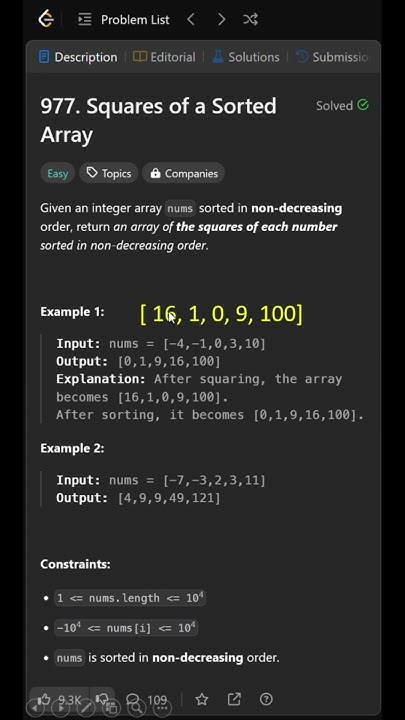 Leetcode problem No.977 Squares of a Sorted Array - YouTube