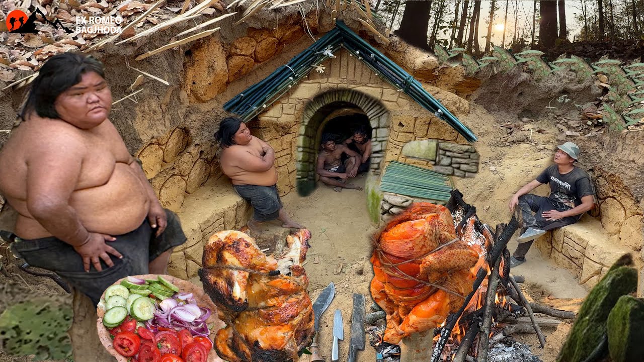 Building Secret Primitive Survival House in jungle Full Chicken Grill ...