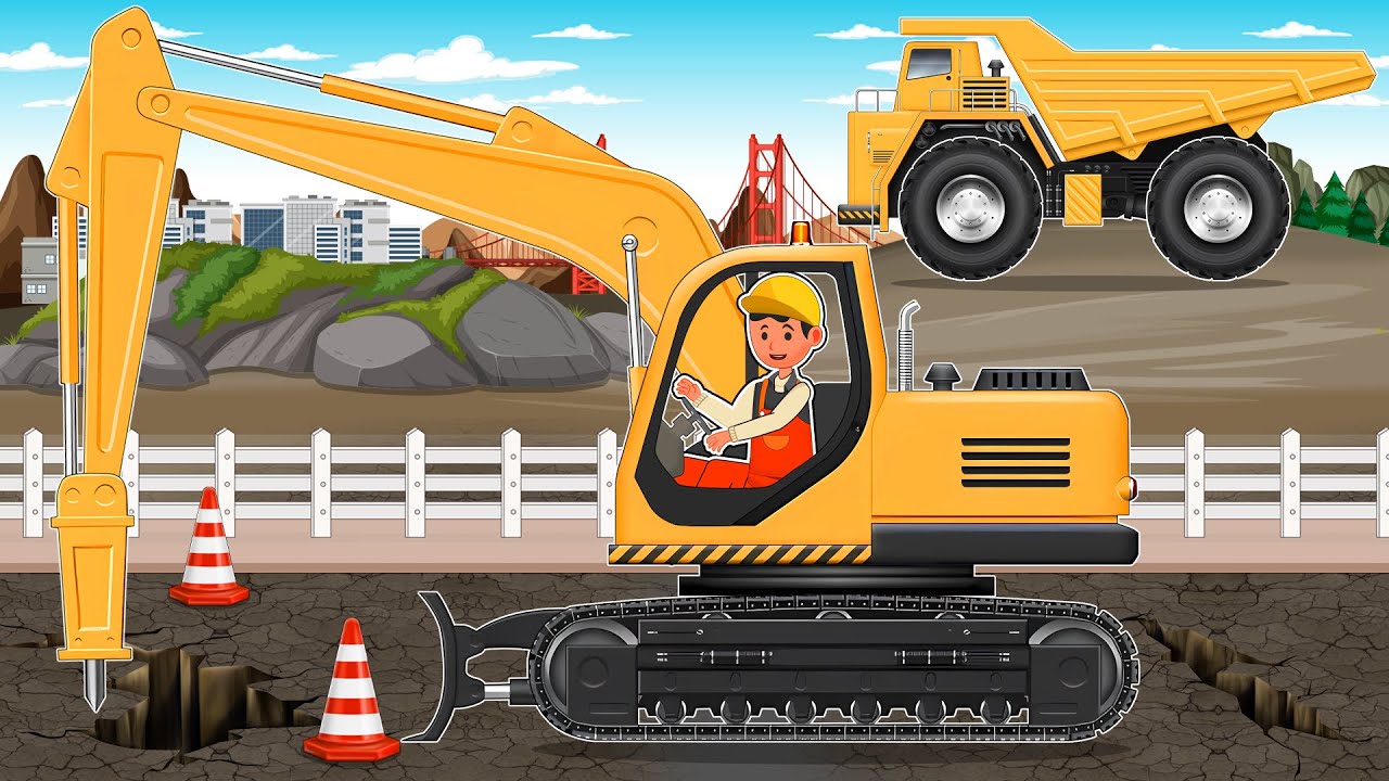 Cracked Road Construction - Excavator, Street Vehicles Road Repair ...