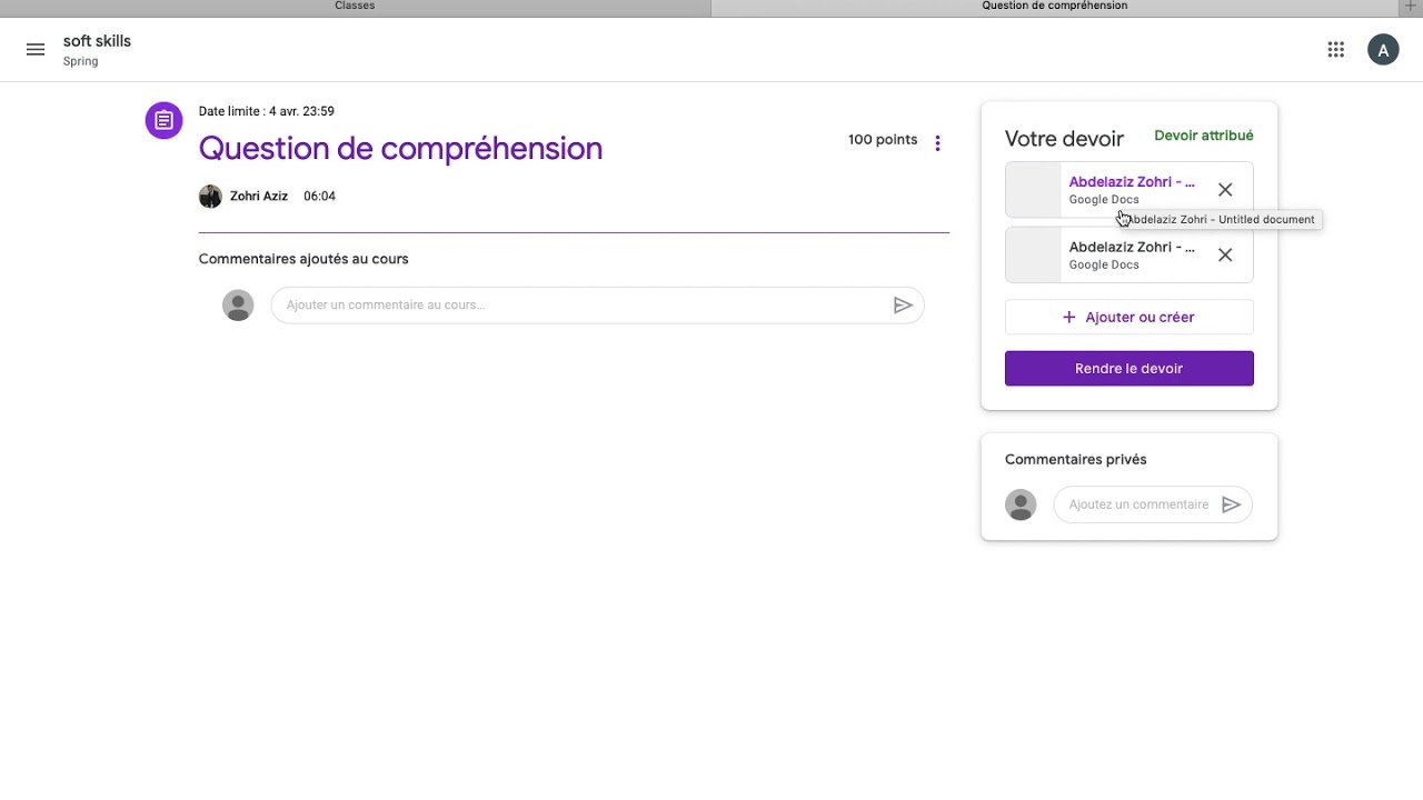 Google Classroom: Comment rendre un devoir - YouTube