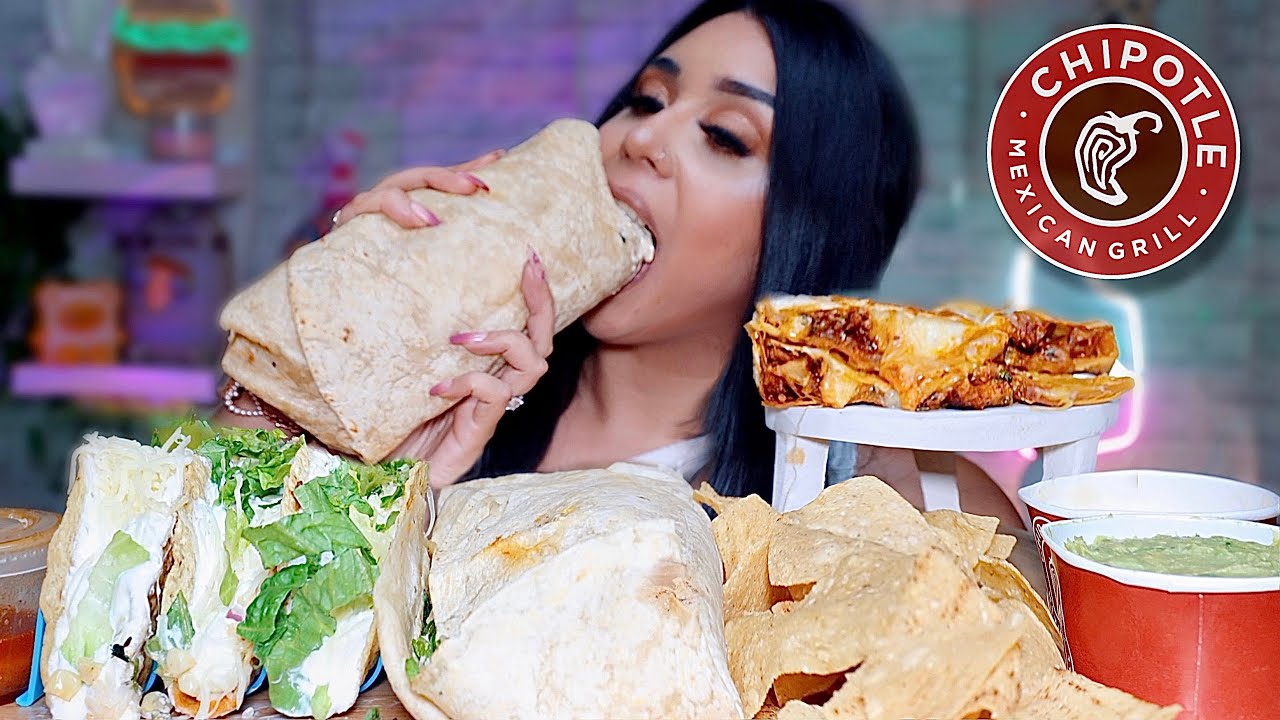 ASMR MUKBANG CHIPOTLE GIANT BURRITOS CHIPS CHICKEN QUESADILLA STEAK ...