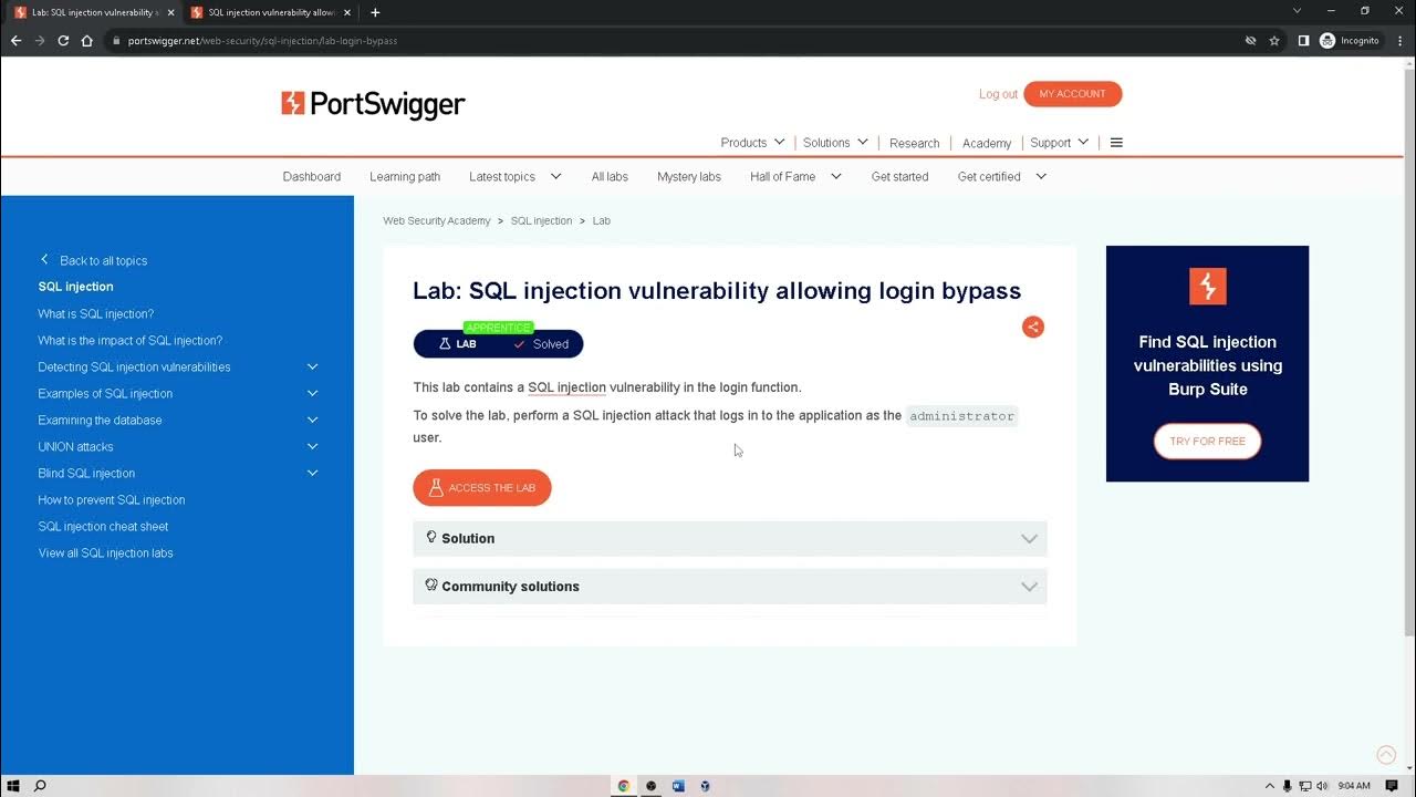 Portswigger SQL injection vulnerability allowing login bypass - YouTube