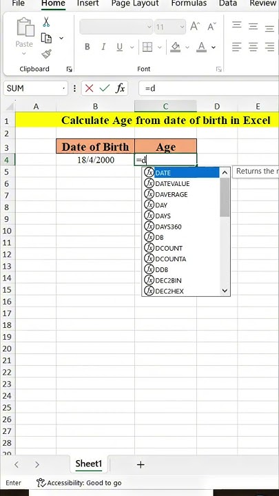 Calculate Age from date of birth in Excel #exceltricks #exceltutorial #exceltips #spreadsheets ...