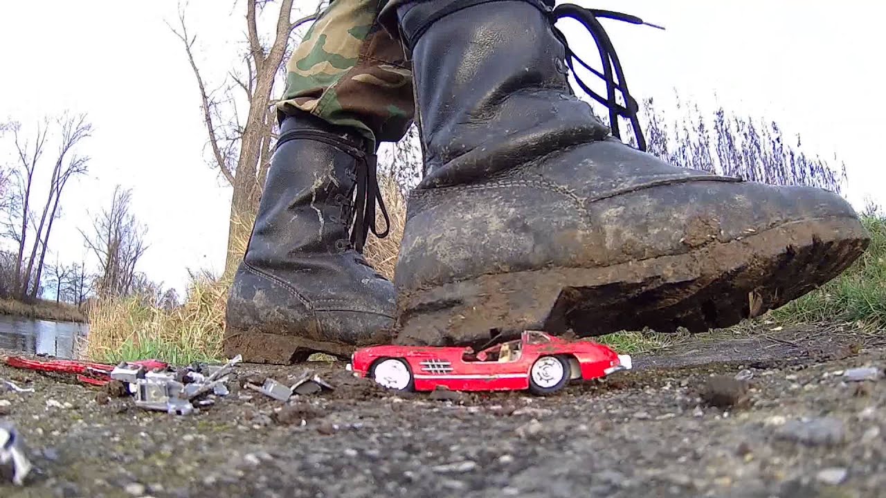 army boots crushes toy cars - YouTube