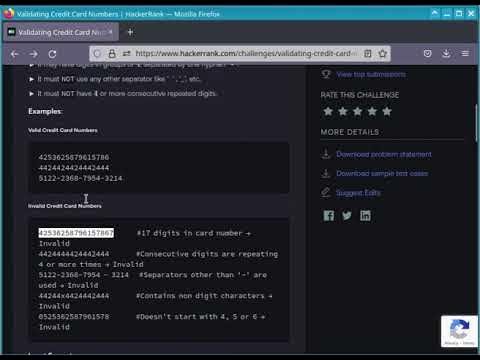 My solution to hackerrank "validating credit card numbers". - YouTube