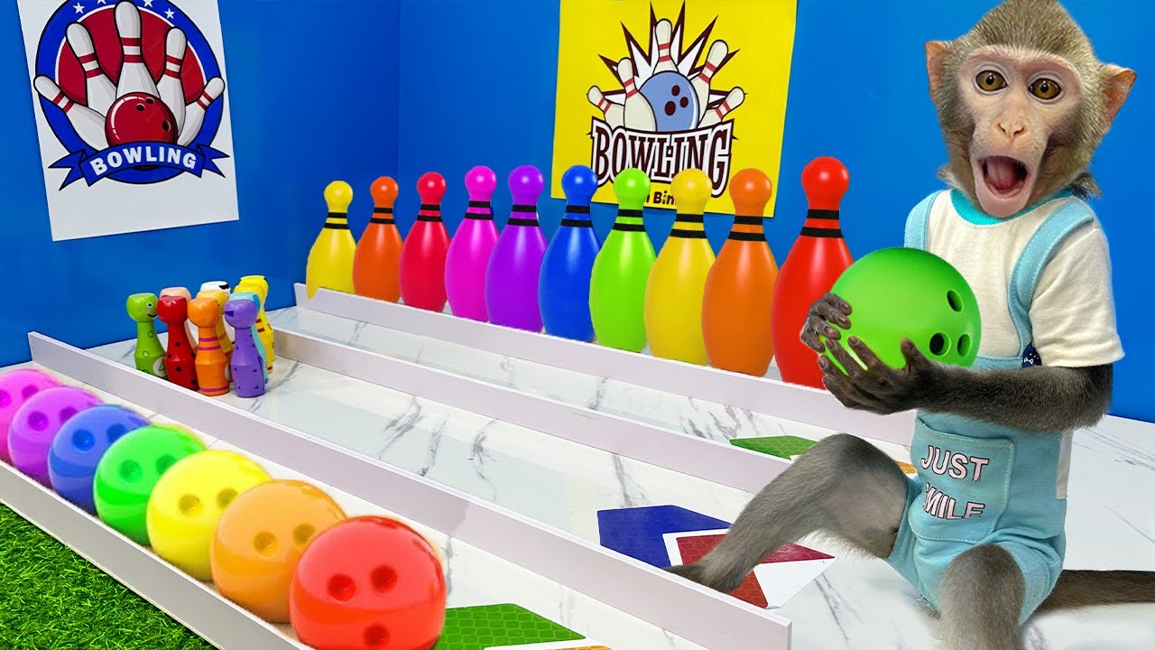 Baby Monkey Bim Bim plays bowling ball with Amee and eats pizza - YouTube