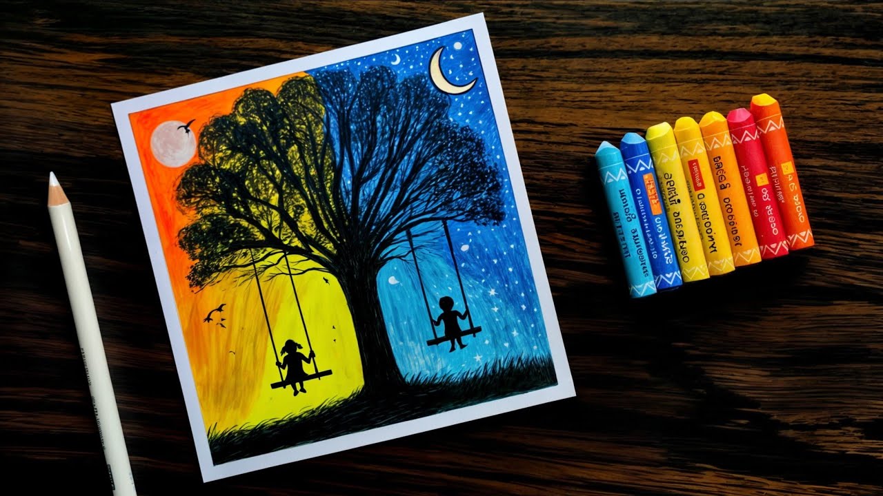 Day and Night scenery drawing for beginners with Oil Pastels step by ...