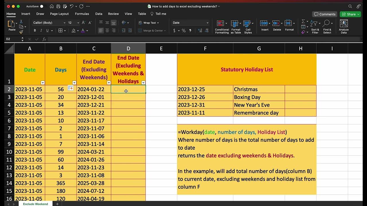How to add days to a date excluding weekends and holidays? - YouTube