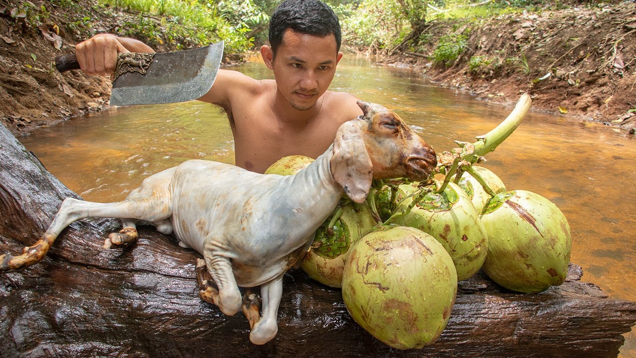 Wow! Cooking whole goat with coconut in the forest - YouTube