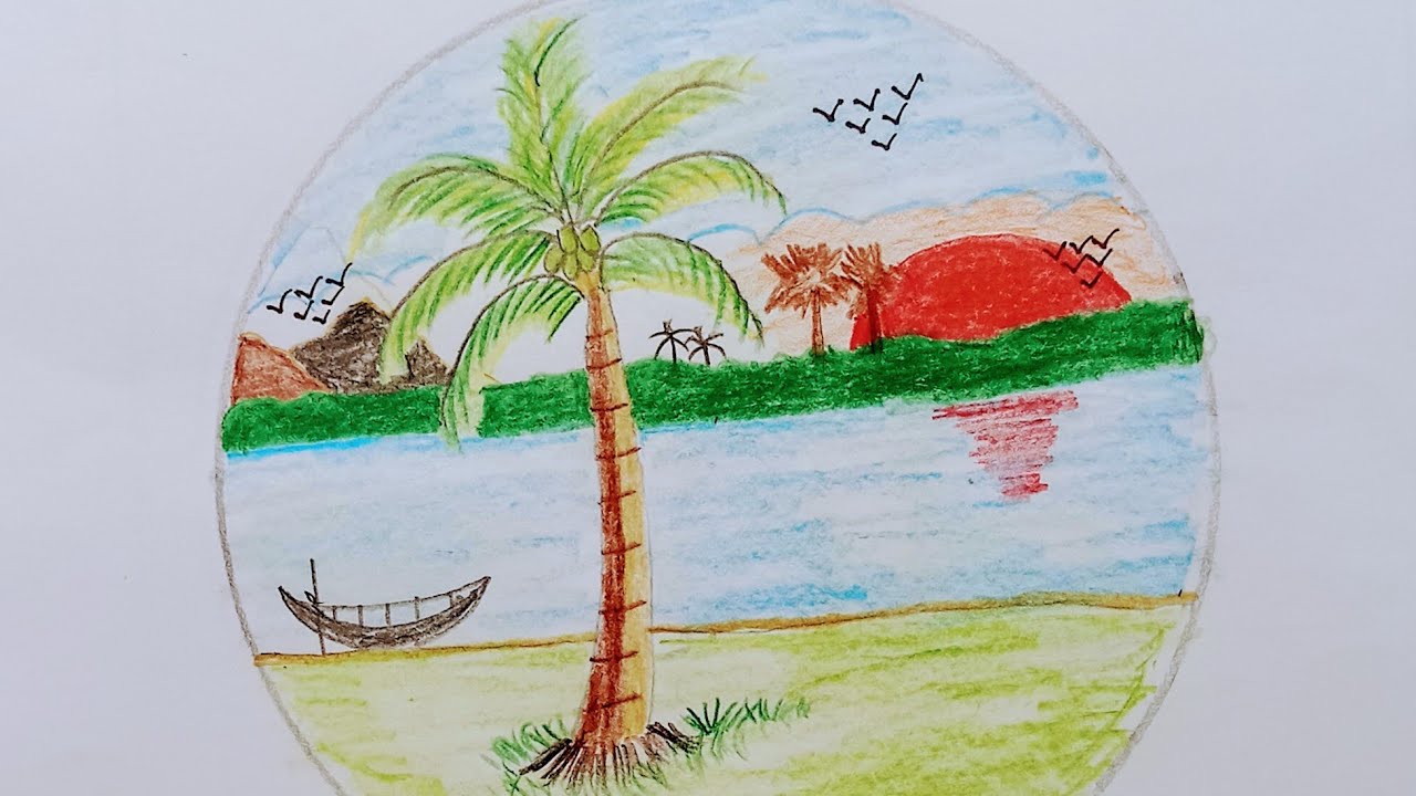 How to draw village sunset scenery step by step | Simple sunset scenery ...