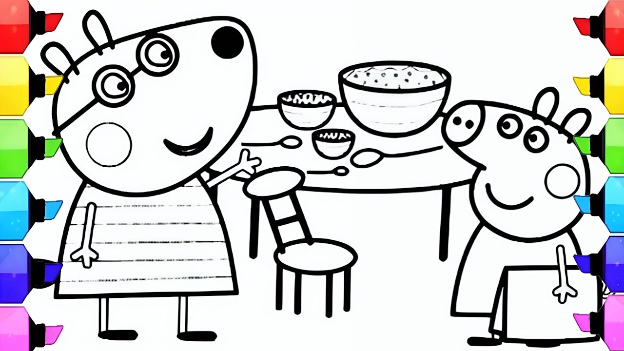 Coloring Peppa and Danny Dog on the Lunch Easy Step by Step, Peppa Pig ...