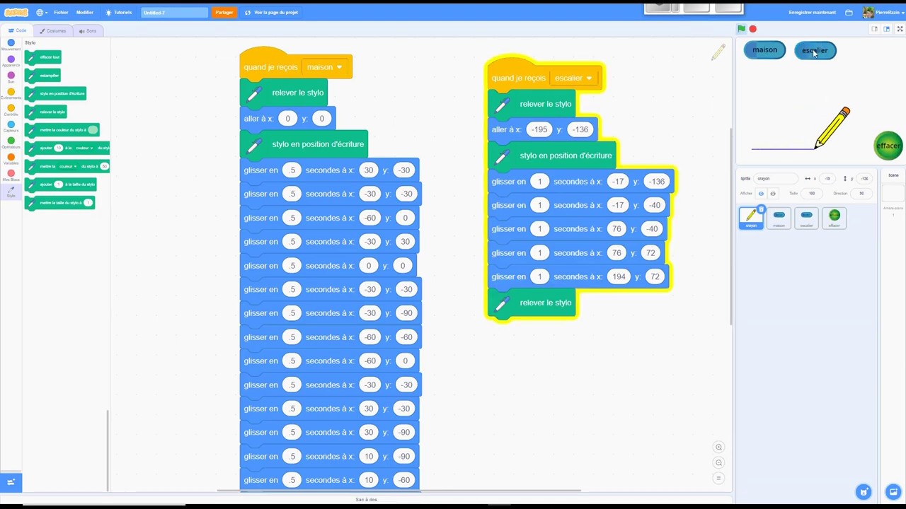 scratch Les coordonnées X Y escalier et maison - YouTube