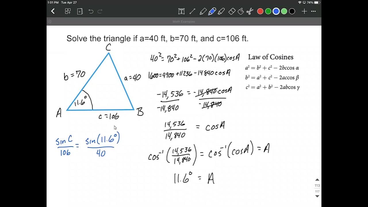Law of Cosines used to solve triangle SSS side-side-side case find all angles - YouTube