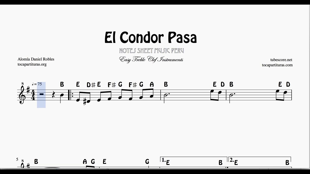El Condor Pasa Notes Sheet Music for Flute, Violin, Recorder, Oboe ...