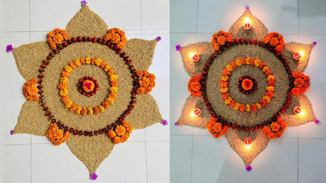 flower rangoli |Rice rangoli |Easy rangoli designe. - YouTube