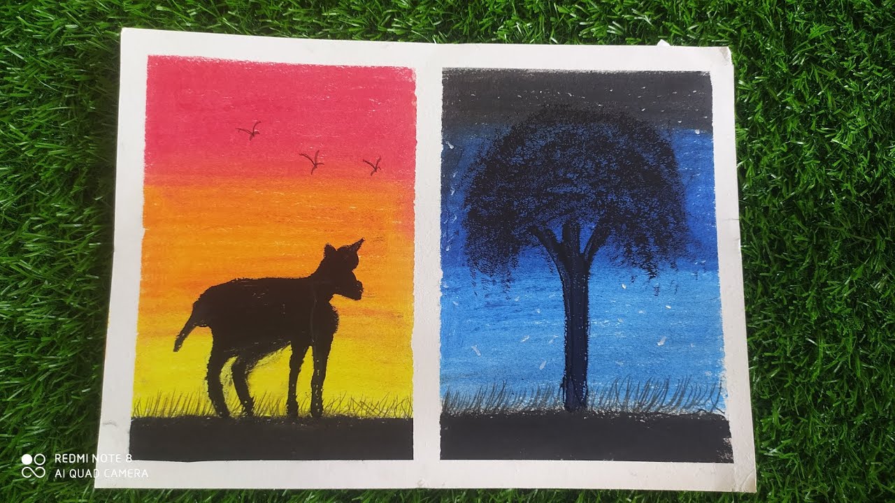 Draw Day and Night beautiful scenery with oil pastel for beginners ...