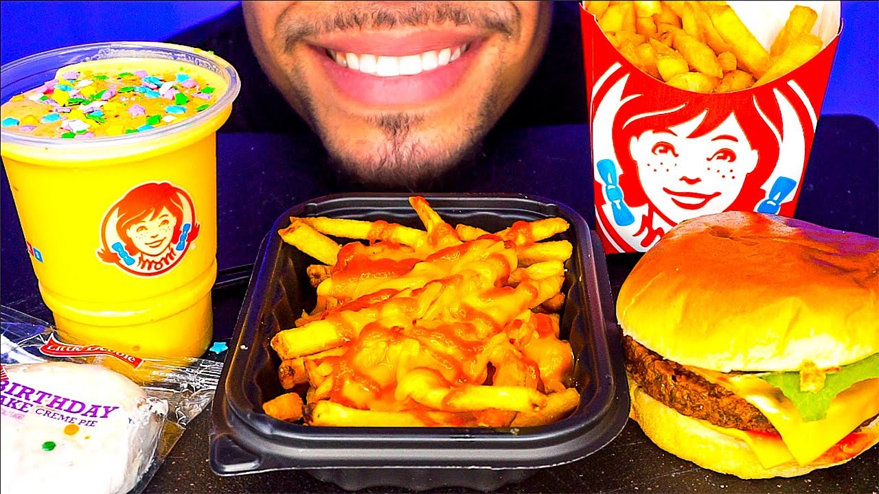 ASMR EATING WENDY'S BIRTHDAY CAKE FROSTY ICE CREAM BURGER CHEESE FRIES ...
