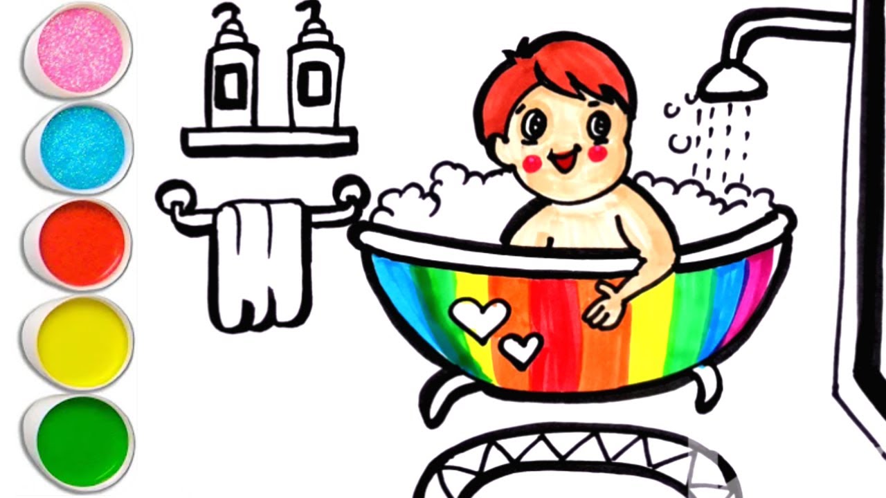 Adorable Little Boy Bathing in a Rainbow Bathing Tub Drawing, Coloring ...
