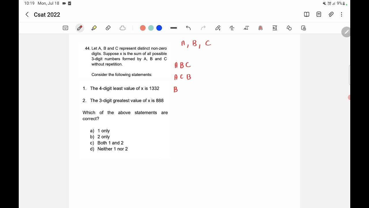 CSAT 2022 Answer Key - Let A, B, C represent distinct non zero digits. Suppose x is the sum ...