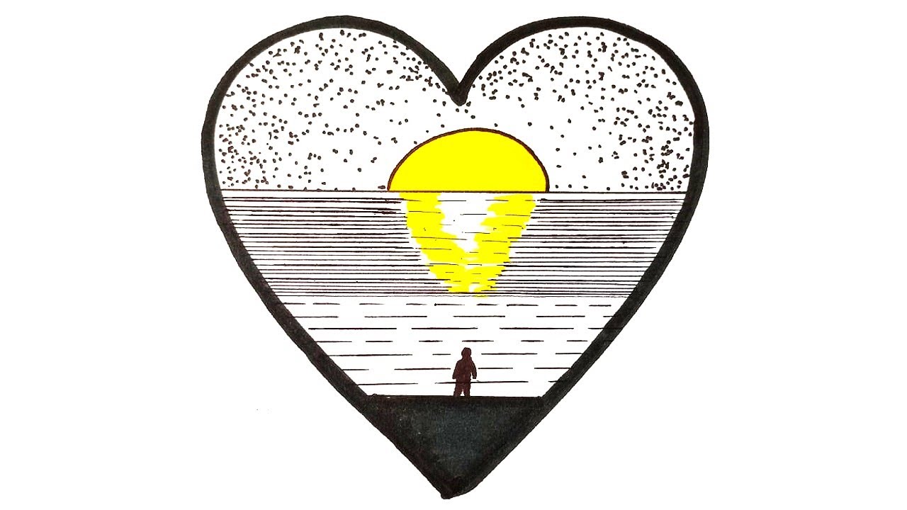 HEART SCENERY DRAWING | DRAW SUNSET IN HEART - YouTube