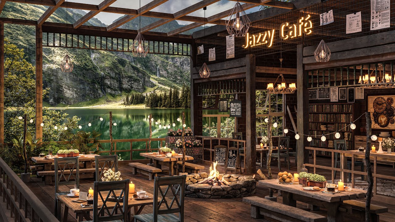 Peaceful Morning at Nature Coffee Shop by the Lake with Smooth Jazz for ...