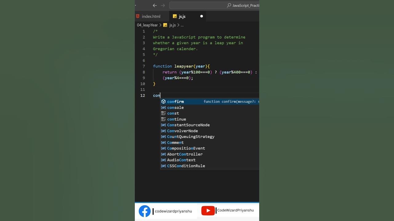 Finding Leap year using javascript @CodeWizardPriyanshu #javascript #coding #ytshorts #shorts ...