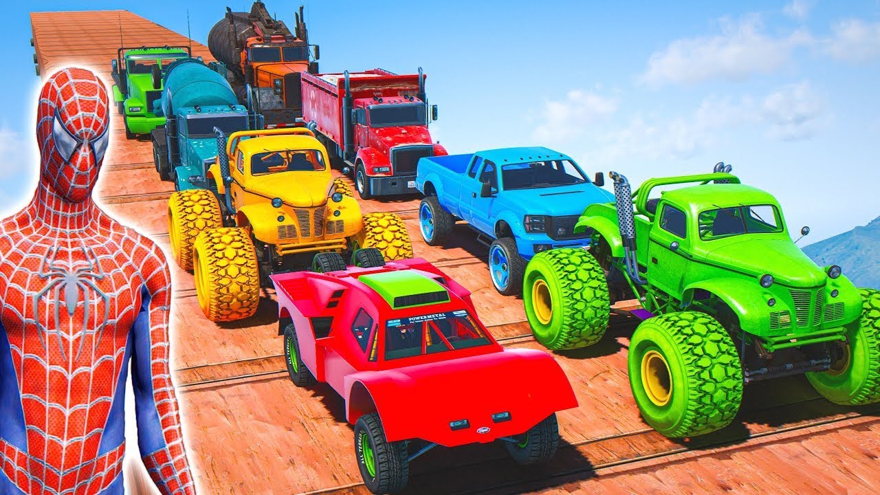 SPIDERMAN CARS Monster Trucks Mega Rampa Challenge! SUPERHERO Racing ...