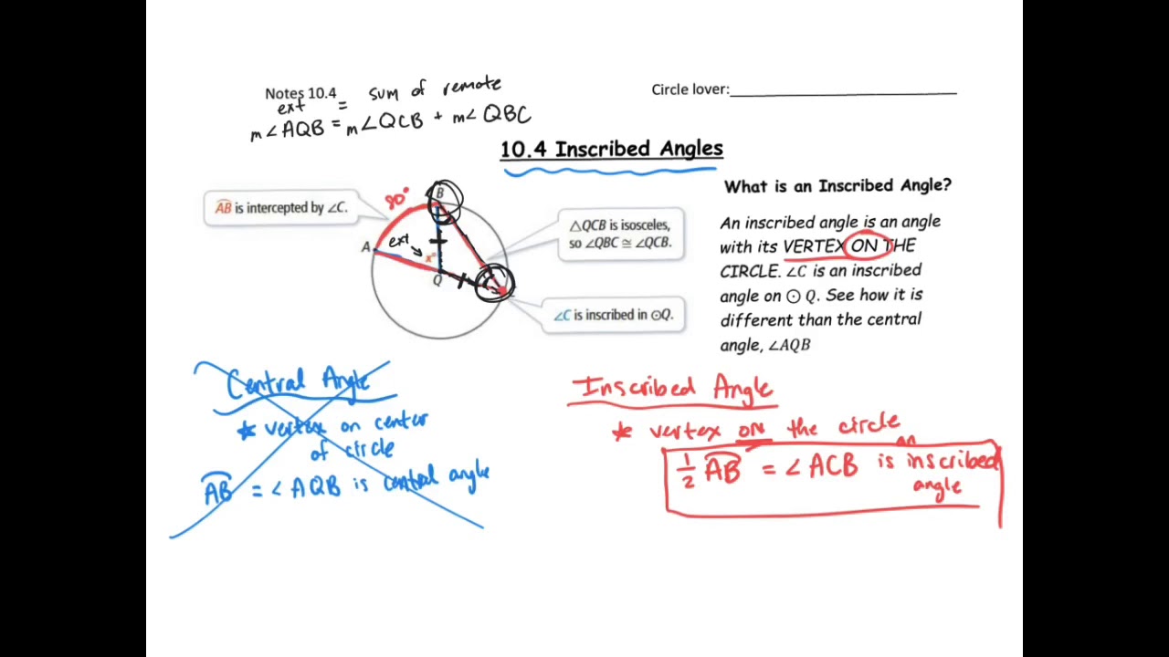 10-4 Inscribed Angles Notes - YouTube