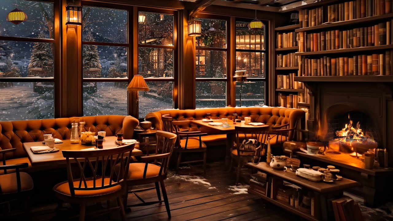 Snow Night on Window at Coffee Shop Ambience with Fireplace, Blizzard ...