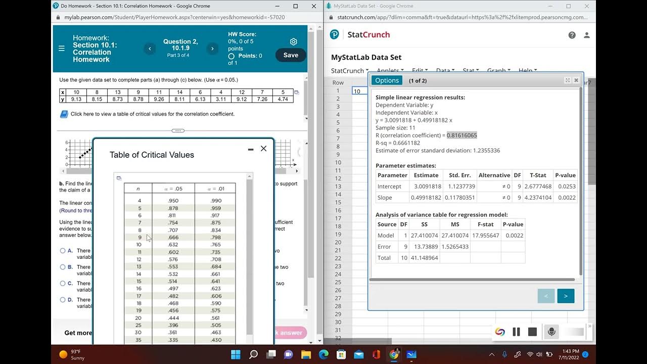 Correlation Using Statcrunch Critical Value Method - YouTube