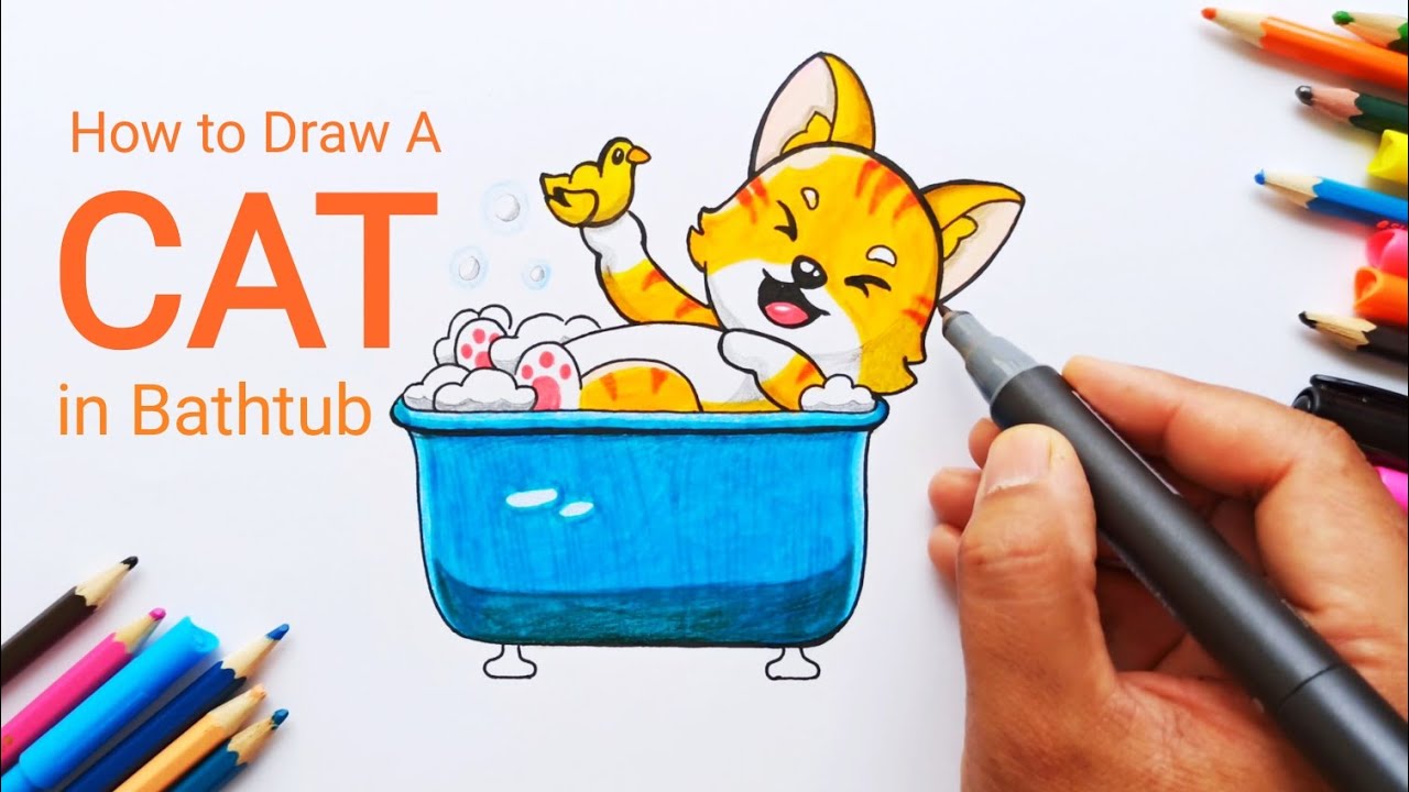 How to Draw a Cat Playing in Bathtub - YouTube