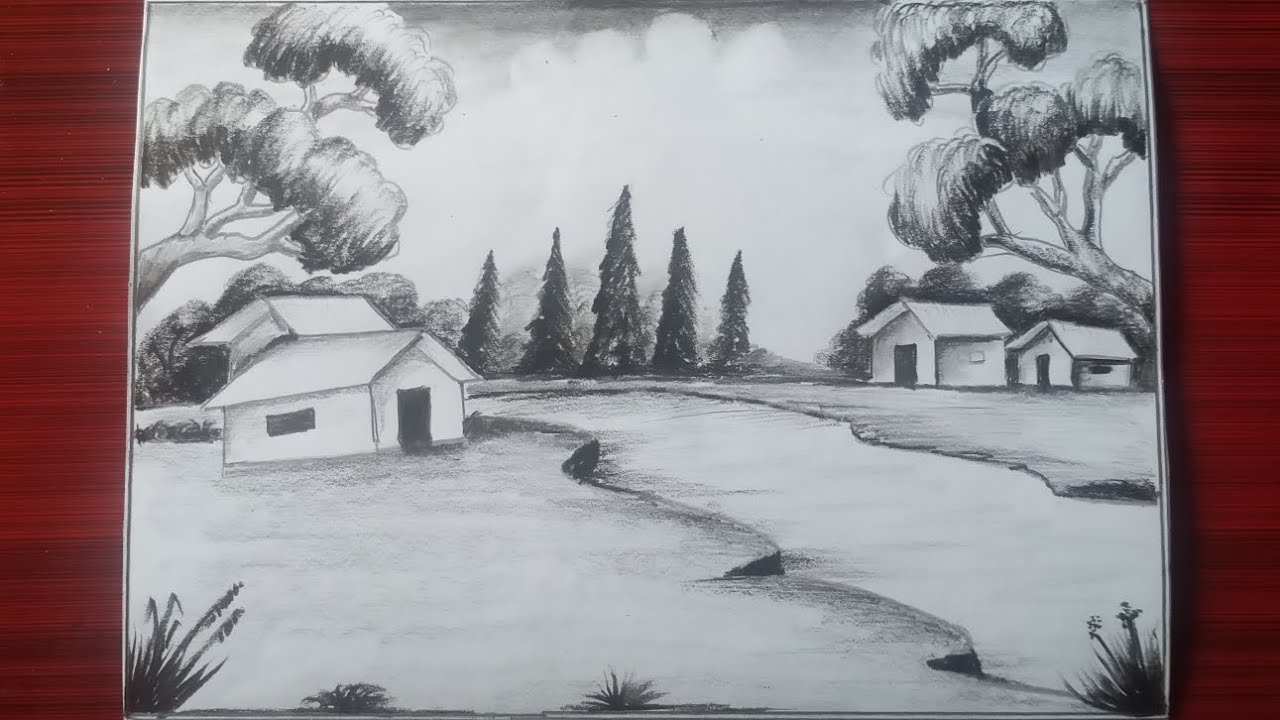 How To Draw A scenery|village Drawing Step By Step|Easy Riverside ...