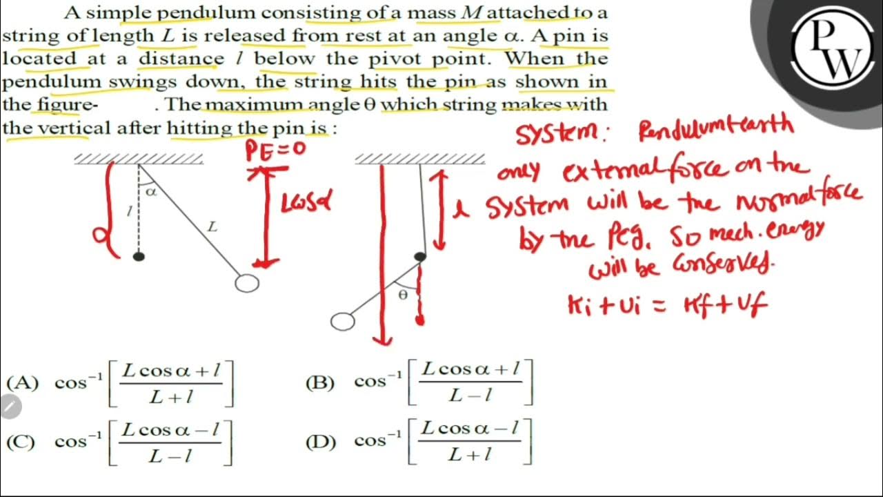A simple pendulum consisting of a mass \( M \) attached to a string of length \( L \) is release ...