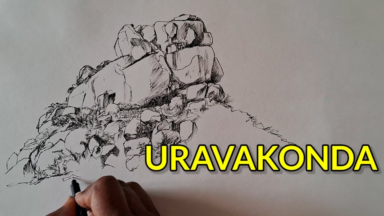 Uravakonda Hill sketch with black pen work - YouTube