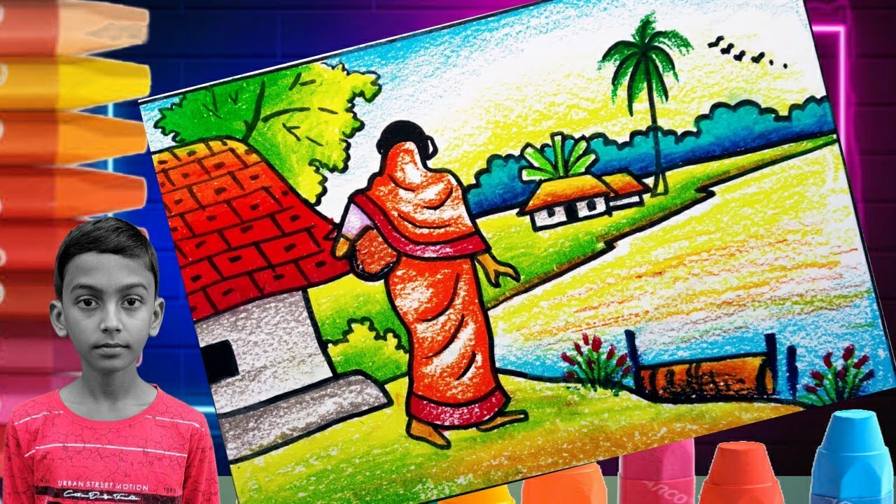 How to Draw Village Scenery with Oil Pastel || Grammer Chobi #deeparts ...